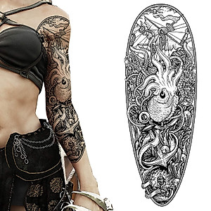 Tatodays 2 x Temporary tattoo full arm caribbean pirate kraken stick on body art transfer for women and men cosplay halloween adult temp tattoo for arms fancy dress