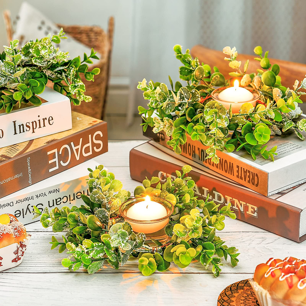 Jexine 8 Pieces Christmas Candle Rings Mini Candle Wreaths Center Candle Ring Artificial Wreath for Christmas Window Table Pillars Farmhouse Decoration Wedding Party Table Home Decor(Eucalyptus)