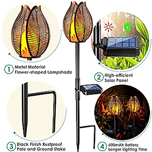 TomCare Solar Lights Outdoor Flickering Flame Solar Garden Lights Metal Flower Lights with Stake Solar Powered Decorative Solar Pathway Lights Waterproof Garden Decor for Outside Yard Patio, 2 Pack