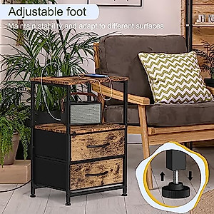 YBING Nightstand with Charging Station End Table with USB Ports and Outlets Bedside Table with Open Shelf Side Table with Fabric Drawers Industrial Night Stand for Bedroom Living Room (Brown)