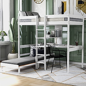 Harper & Bright Designs Twin Loft Bed with L-Shape Desk, Convertible Twin Bunk Bed with Shelves and Ladder, for Kids Teens Adults (White)