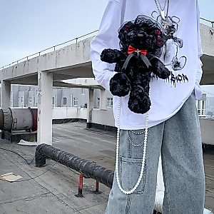 KESYOO Plush Satchel Bag Gothic Style Bear Shoulder Bag Pearl Chain Decor Lolita Cosplay Purse Black