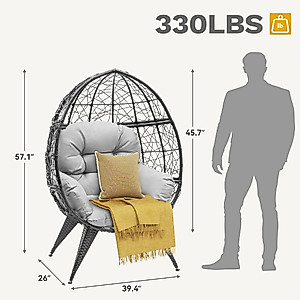 DWVO Egg Chair Patio Rattan Chair with Stand Anti-Slip All-Weather Poratble Adjustable Chair Feet Wicker Egg Lounger Chair for Indoor Outdoor 330LBS (Grey)