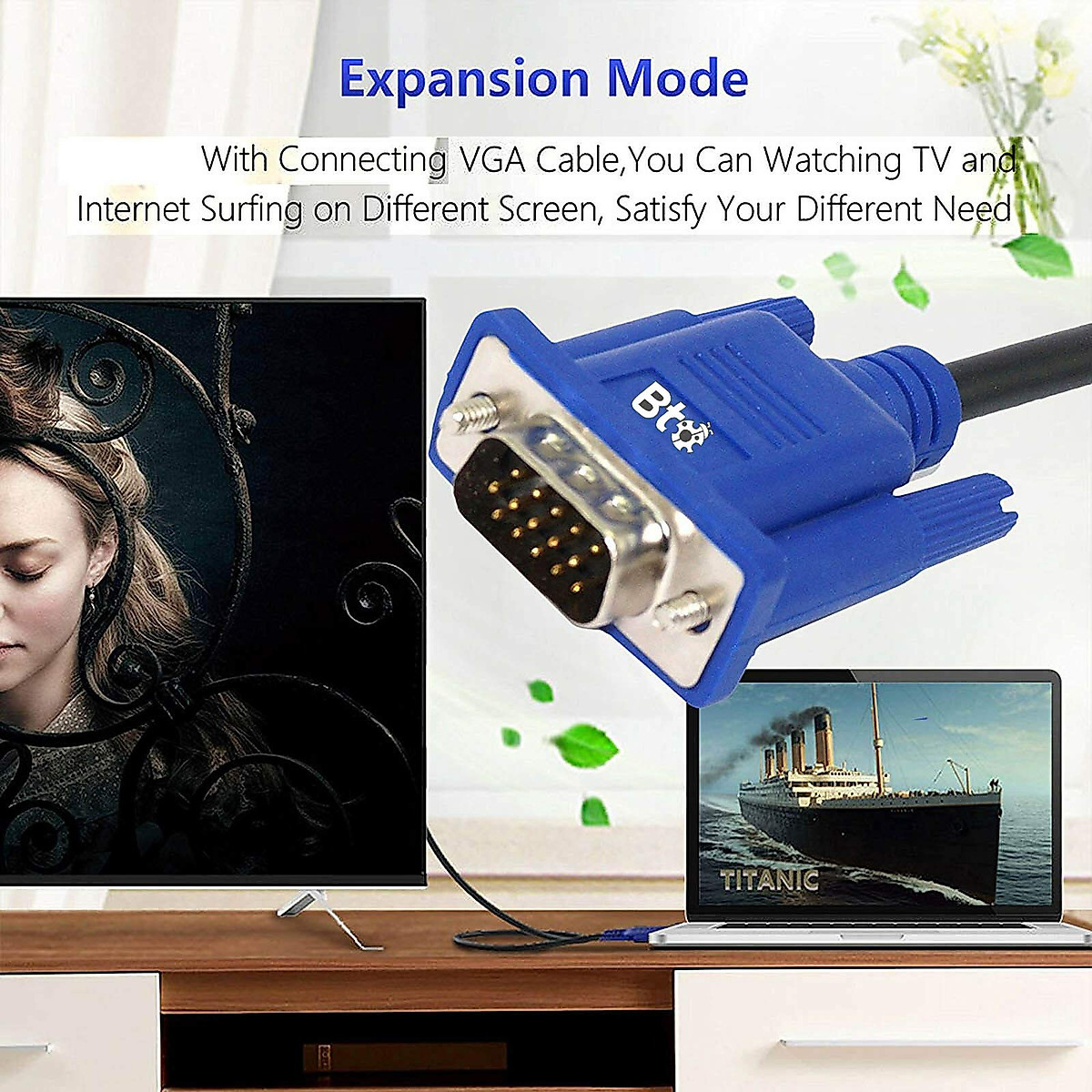 BTO VGA to VGA Cable 6 Feet Long PC Computer Monitor, Projector, Cord 1080p Full HD High Resolution, Male to Male Blue Cable (6 Feet).