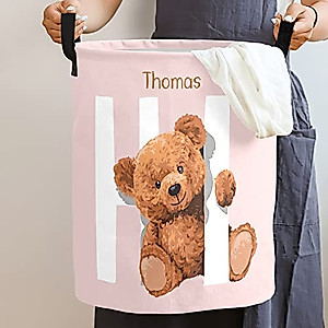 Hi Pink Teddy Bear Personalized Laundry Hamper ,Custom Name Collapsible Waterproof Laundry Basket Storage Bins with Handle for Clothes,Toy,Nursery