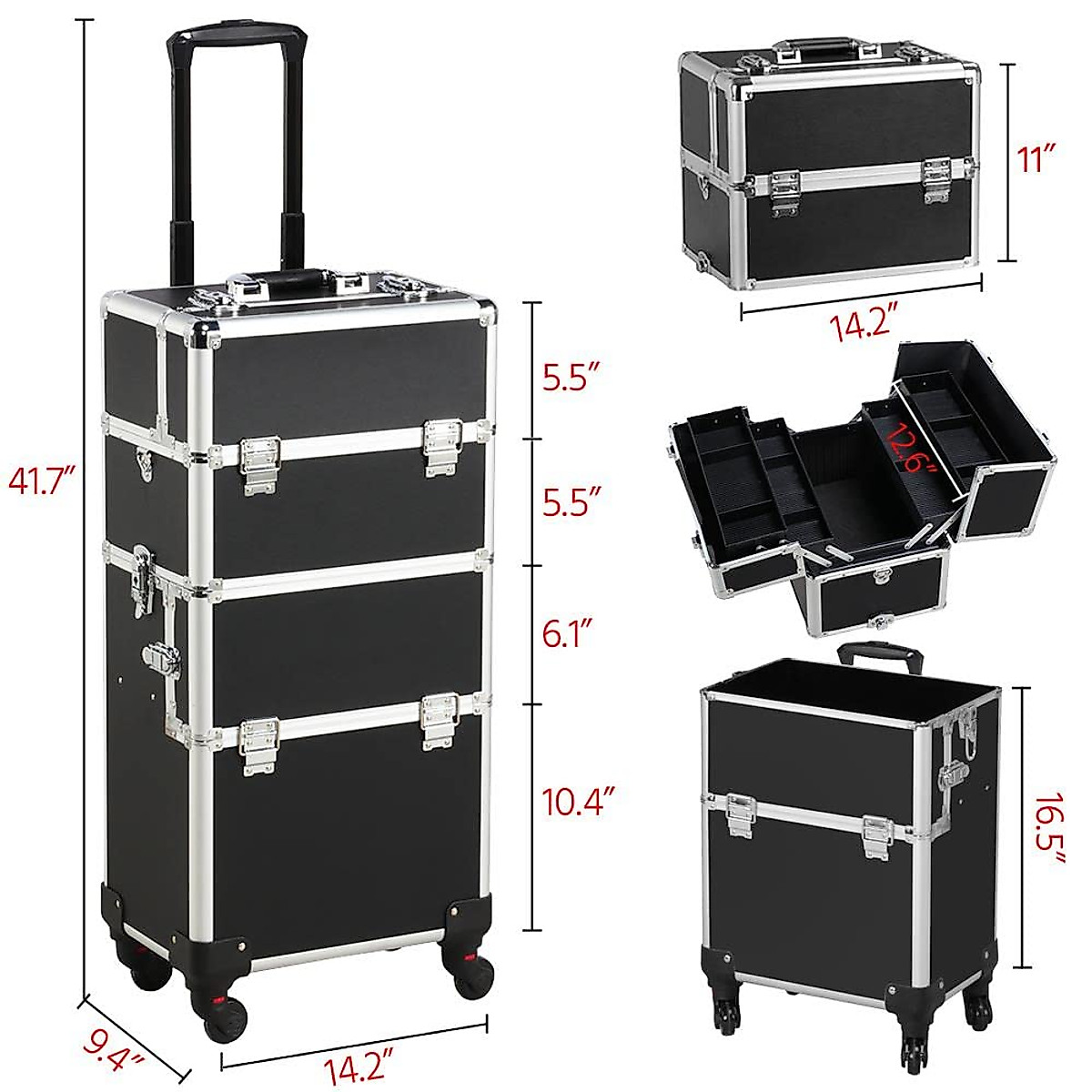 Yaheetech Rolling Makeup Train Case 3 in 1 Cosmetic Makeup Case Large Aluminum Trolley Makeup Travel Case Professional Rolling Cosmetic Beauty Storage, with 360° Swivel Wheels, Black