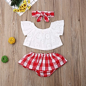YANGLU Infant Baby Girl Off Shoulder Lace Tops+Plaid Shorts Skirts Tutu Dress Outfits Summer Clothes (White Top+Red Plaid Shorts, 6-12 Months)