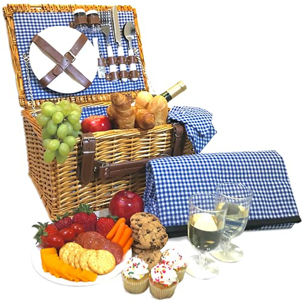 Picnic Basket Set - 2 Person Picnic Hamper Set - Waterproof Picnic Blanket Ceramic Plates Metal Flatware Wine Glasses S/P Shakers Bottle Opener Blue Checked Pattern Lining Picnic Set | Picnic Tote