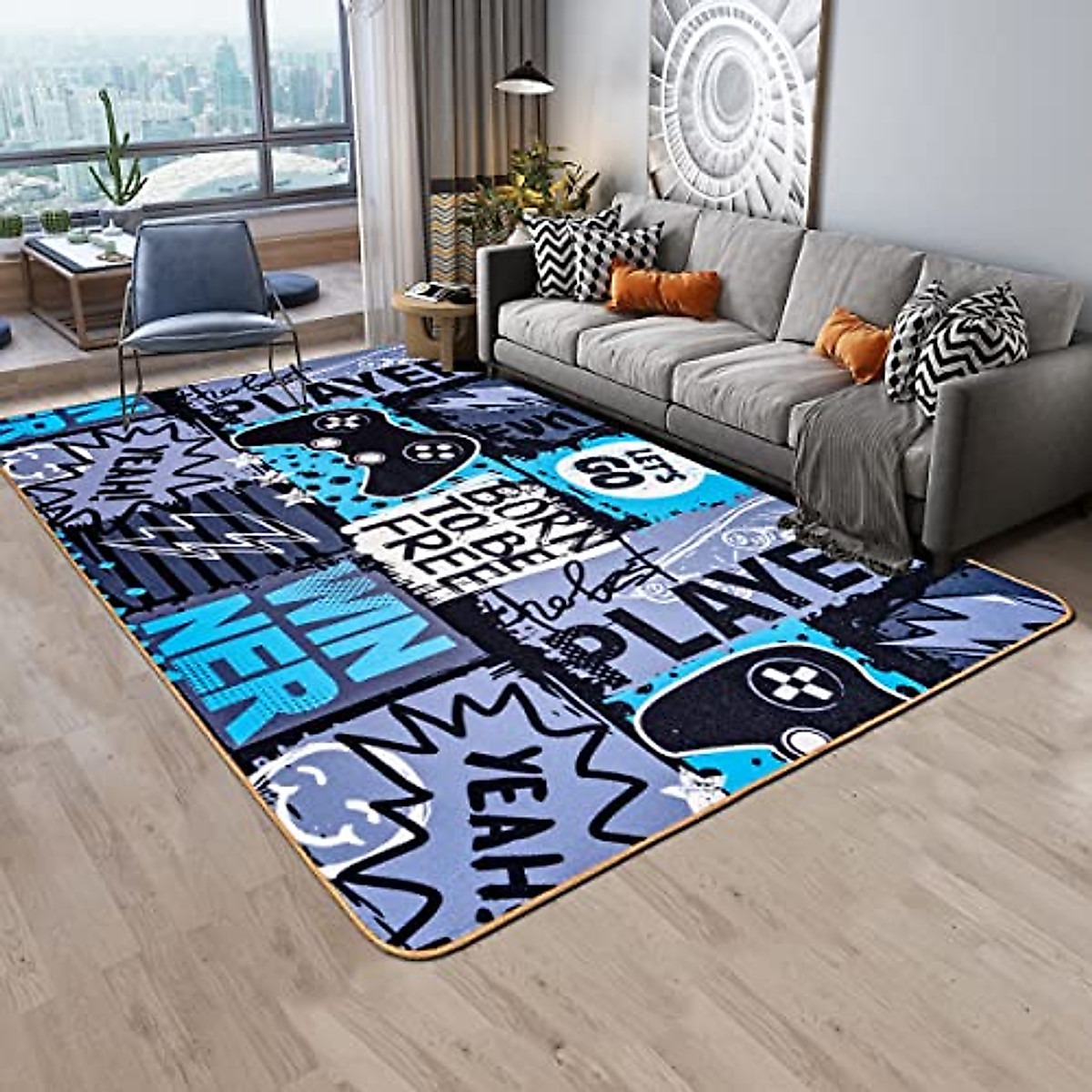 Game Rug Teen Boys Carpet, Gaming Rugs for Boy’s Bedroom with Game Controller Decoration Non Slip Floor Mat for Bedroom Living Room Playroom Sofa Indoor Outdoor Area (Blue, 120x80cm)
