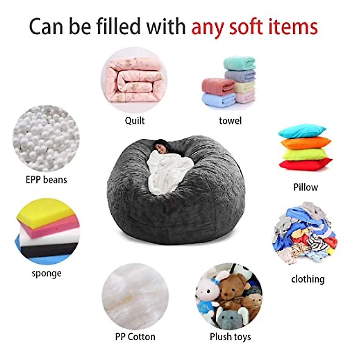 Bean Bag Chairs, Giant Bean Bag Chair for Adults, 4ftbean Bag coverComfyBean Bag Bed (No Filler, Cover only) Fluffy Lazy Sofa (Dark Bluer), 4ft(120 * 65cm)