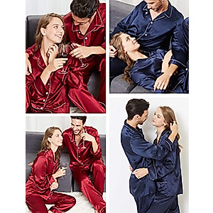 SWOMOG Womens Silk Satin Pajamas Long Sleeve Loungewear Two-piece Sleepwear Button Down Pj Set Black