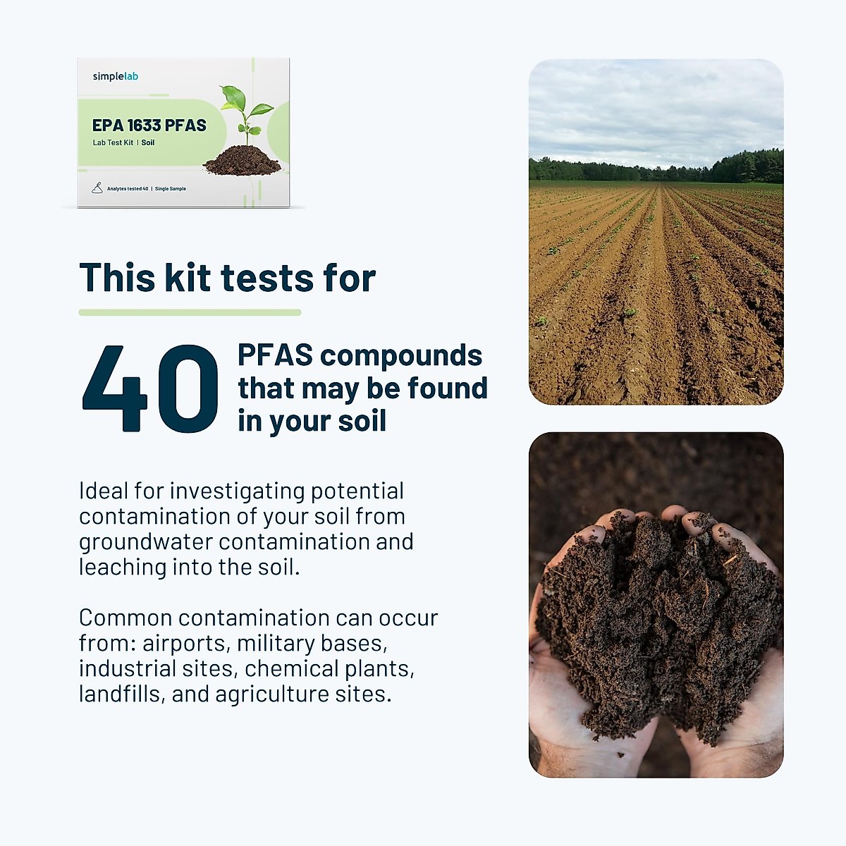 EPA 1633 PFAS Soil Test by SimpleLab | Soil Quality Test Kit for 40 Per-and polyfluoroalkyl substances (PFAS) Using EPA Method 1633 | at Home Soil Lab Test