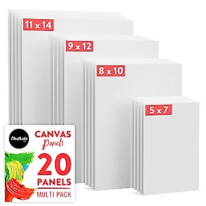 Chalkola Paint Canvases for Painting Multipack - 20 Pack Blank Canvas Panels - 5x7, 8x10, 9x12, 11x14 inch (5 Each) - 100% Cotton, Primed, Acid Free Art Canvas Boards for Painting with Acrylic & Oil