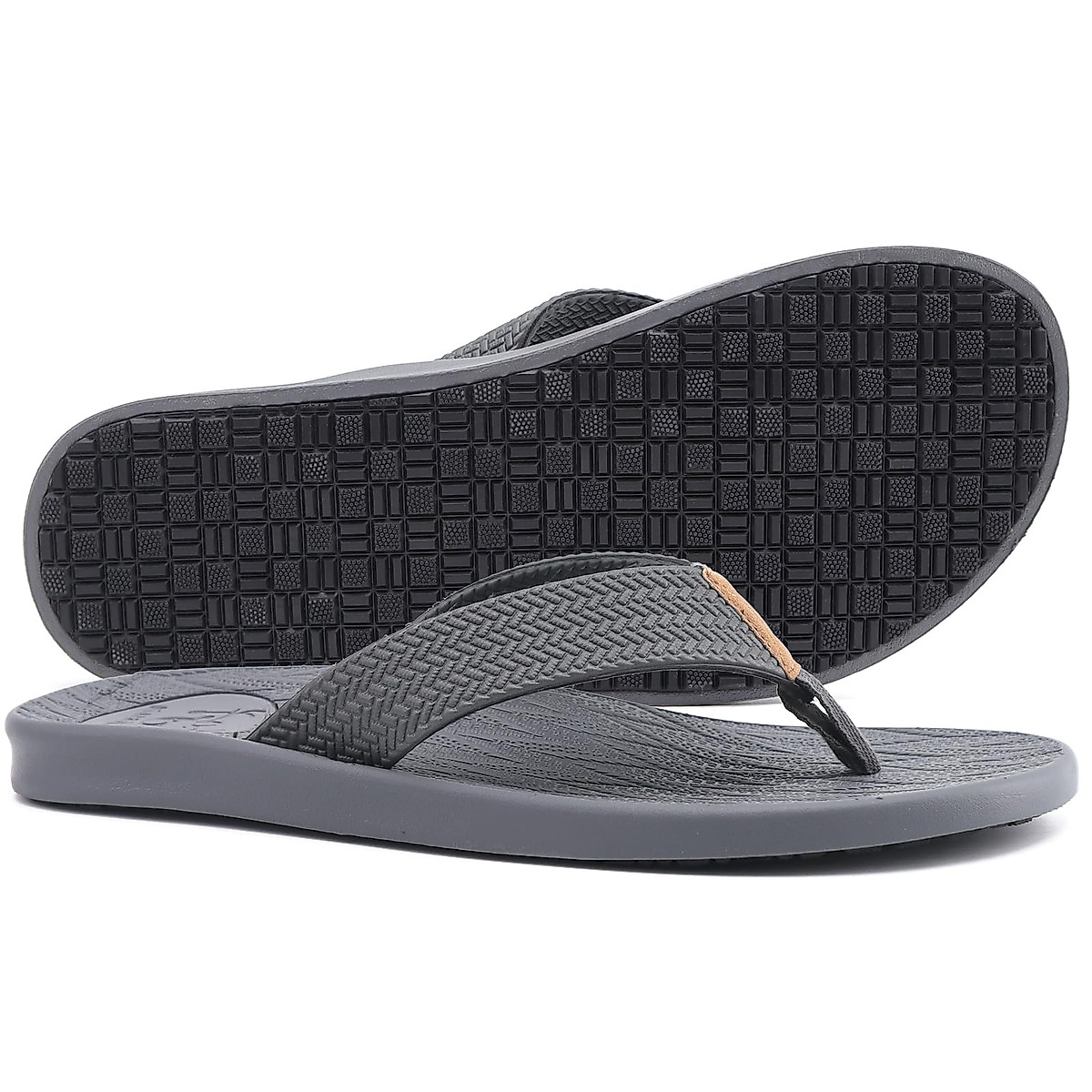 KuaiLu Mens Flip Flops Arch Support Comfortable Cushion Memory Foam Recovery Walking Waterproof Leather Thong Sandals Orthotic Plantar Fasciitis Summer Casual Beach Pool Slip on Slippers Grey Size 11
