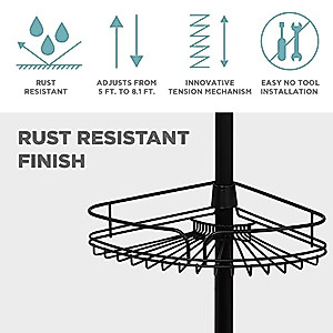 Zenna Home Rust-Resistant Corner Shower Caddy for Bathroom, 4 Adjustable Shelves with Towel Bar and Hooks, with Tension Pole, for Bath and Shower Storage, 60-97 Inch, Matte Black