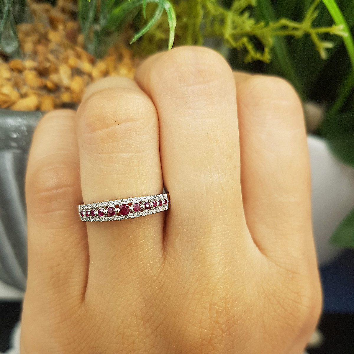 Dazzlingrock Collection Round Ruby & White Diamond Triple Row Anniversary Ring for Women in 14K White Gold Size 7.5