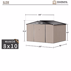 oneinmil Storage Shed 8'x10' Outdoor Garden Storage Shed, Galvanized Steel Metal Garden Shed with Air Vent and Hinged Door Utility Tool Storage House for Garden, Backyard, Patio, Lawn