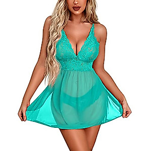 Thisrose Lingerie for Women for Sexy Naughty Baby Doll Set V Neck Nightgown Bridal lingerie Green-M