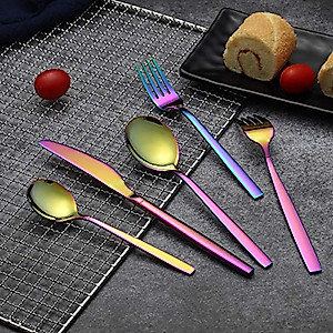 HOMQUEN Silverware Set 40 Pieces, Stainless Steel Colorful Flatware Set, Titanium Plating Rainbow Cutlery Set, Rainbow Utensil Sets Service Set for 8 (Shiny Rainbow)