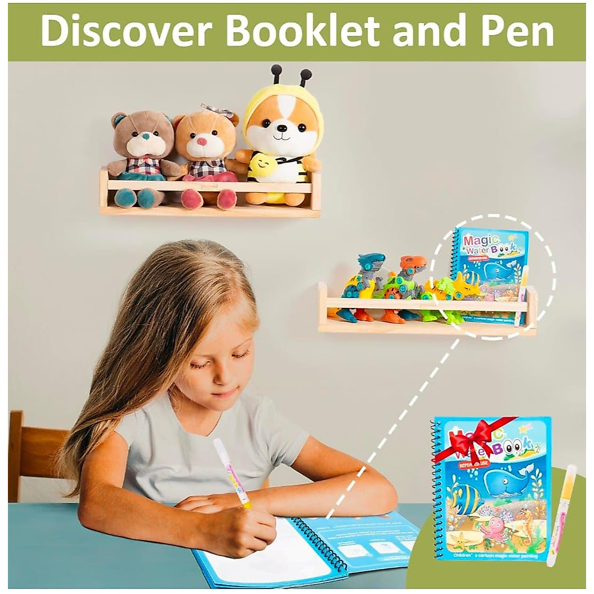 Nexzon Set of 3 Nursery Book Shelves with Booklet and Pen | 16.6" Kids Wall Bookshelves | Baby Nursery Shelves for Bedroom, Bathroom, Kitchen and Toy Storage (Pine Wood)