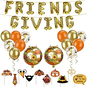 Friendsgiving Party Decorations, Friendsgiving Balloons Garland Kit includes Gold "FRIENDS GIVING" Foil Banner, 14 Balloons, 10 Photo Props and 1 Gold Fringe Curtain, 38 Pcs Thanksgiving Fall Decor