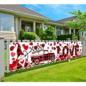 Valentine's Day Banner Yard Sign Red Buffalo Plaid Gnome Large Yard Sign Banner with XOXO Everyone Rose Heart for Valentine’s Day Outdoor and Indoor Decoration