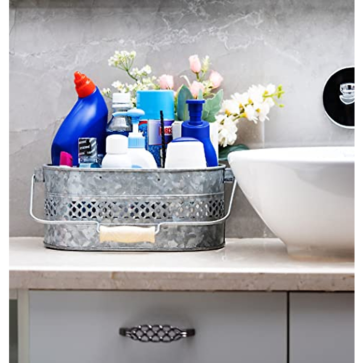 THE ARTIQUE Handmade Caddy, Farmhouse Utensil Caddy, Picnic Utensil Holder, Desk Organizer, Condiments Caddy, Flatware Caddy For Party, Kitchen Utensils Organizer Caddy With Handle- Antique Silver