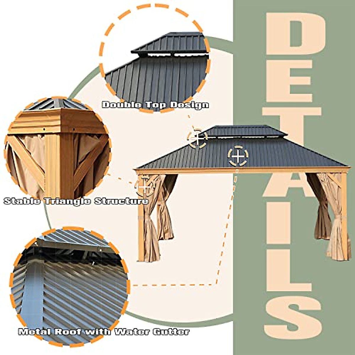 Aoodor 12’ x 16’Wooden Grain Coated Aluminum Gazebo Hardtop 2-Tier Black Steel Roof, Wooden Print Frame with Curtain&Netting for Patios, Gardens, Lawns