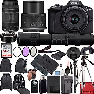 Canon EOS R50 Mirrorless Camera with 18-45mm, EF 75-300mm & 420-800mm Lenses + Mount Adapter + 20 Essential Accessories for Content Creators