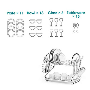 Glotoch 2-Tier Full Sized Dish Drying Rack with Utensil Holder and Cup Holder with Dish Water Drain Board Tray Rustproof Chrome Plating 16.5 x 10 x 15 Inches Storage Space Saving Kitchen Organizer