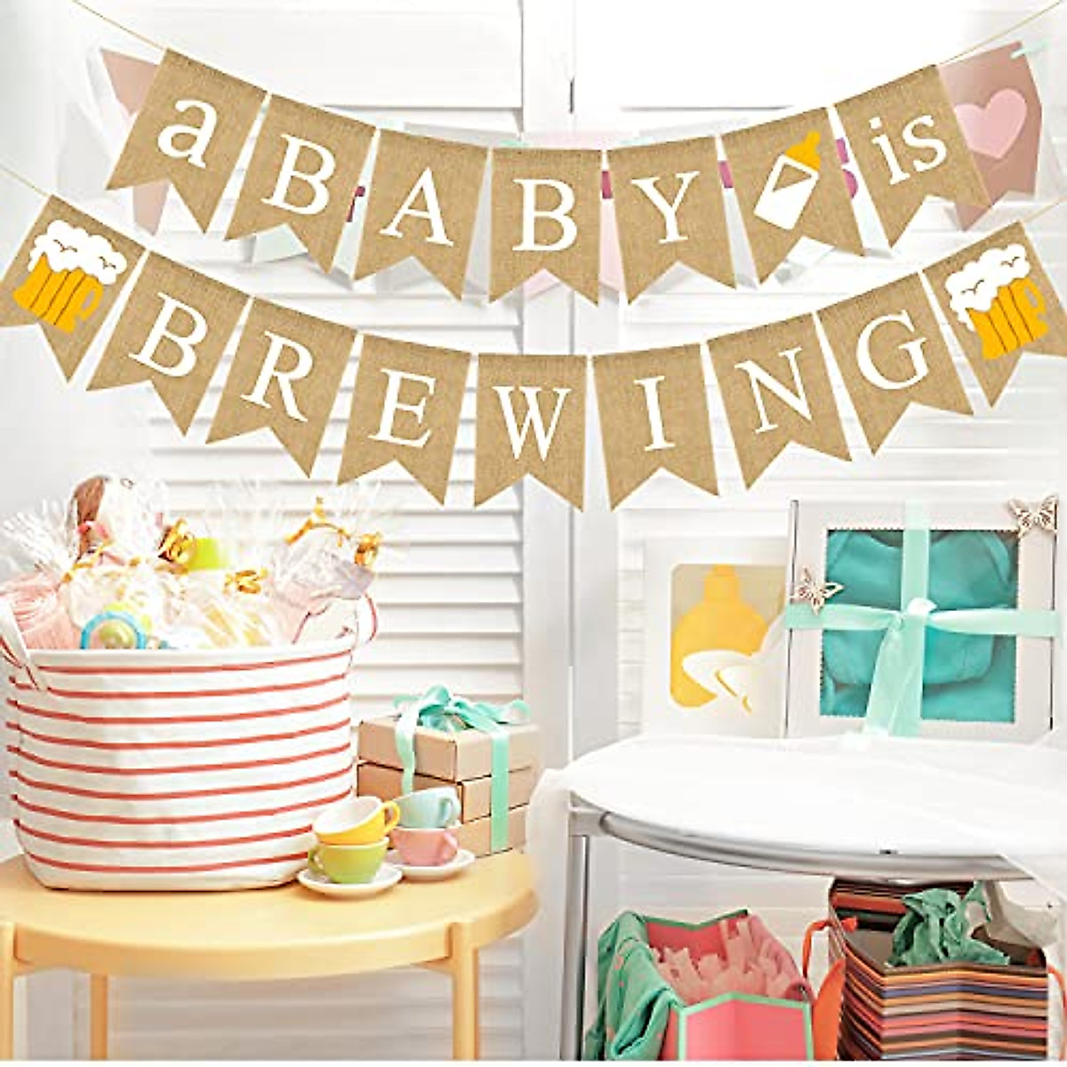 Doumeny Jute Burlap A Baby is Brewing Banner Baby Shower Decorations Banner Gender Reveal Bunting Garland Baby Bottle Burlap Bunting Oh Baby Garland Welcome Baby Banner Beer Mug Diaper Party Supplies