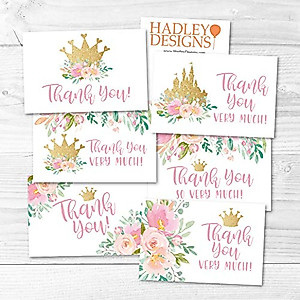 24 Floral Princess Baby Shower Thank You Cards With Envelopes, Kids Thank-You Note, 4x6 Gratitude Card Gift For Guest Pack For Party, Birthday for Girl Children, Cute Pink Royal Queen Event Stationery