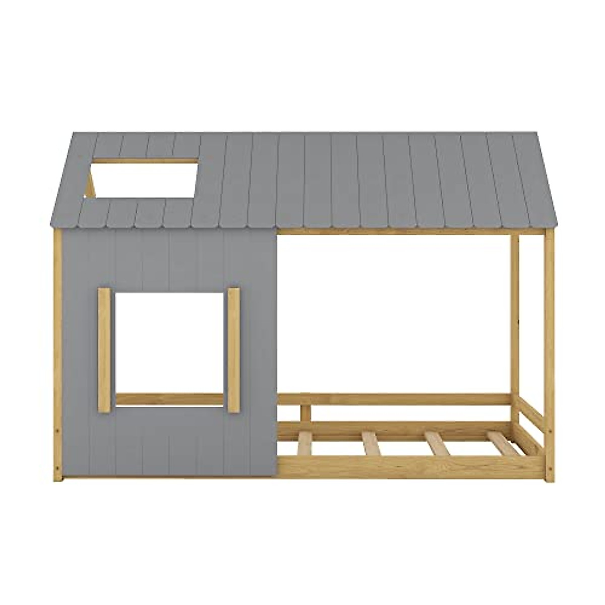 TARTOP Twin Size Floor Bed with Rails, House Bed with Roof, Window, Solid Wood Platform Bed Frame with Slats,Twin Bed Frame for Kids Teens Girls Boys,No Box Spring Needed,Gray+Natural