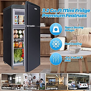 WANAI Mini Fridge With Freezer 3.5 Cu.Ft Dual Door Small Refrigerator Energy-efficient, Low Noise, Mini Fridge For Bedroom Dorm and Office, Black