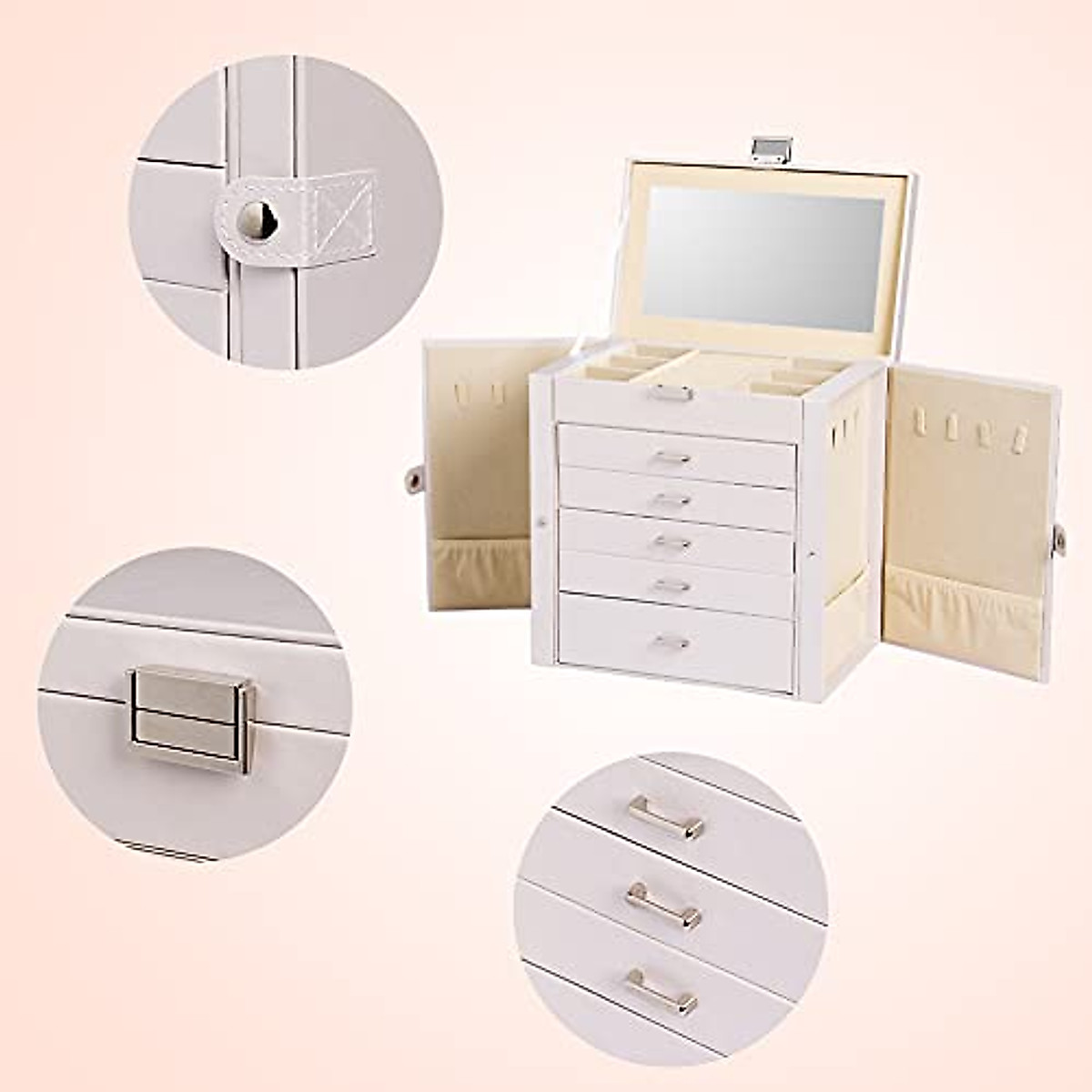 Frebeauty Large Jewelry Box,6-Tier PU Leather Jewelry Organizer with Lock,Multi-functional Storage Case with Mirror,Accessories Holder with 5 Drawers for Earrings Necklace Bracelets (Pearl White)