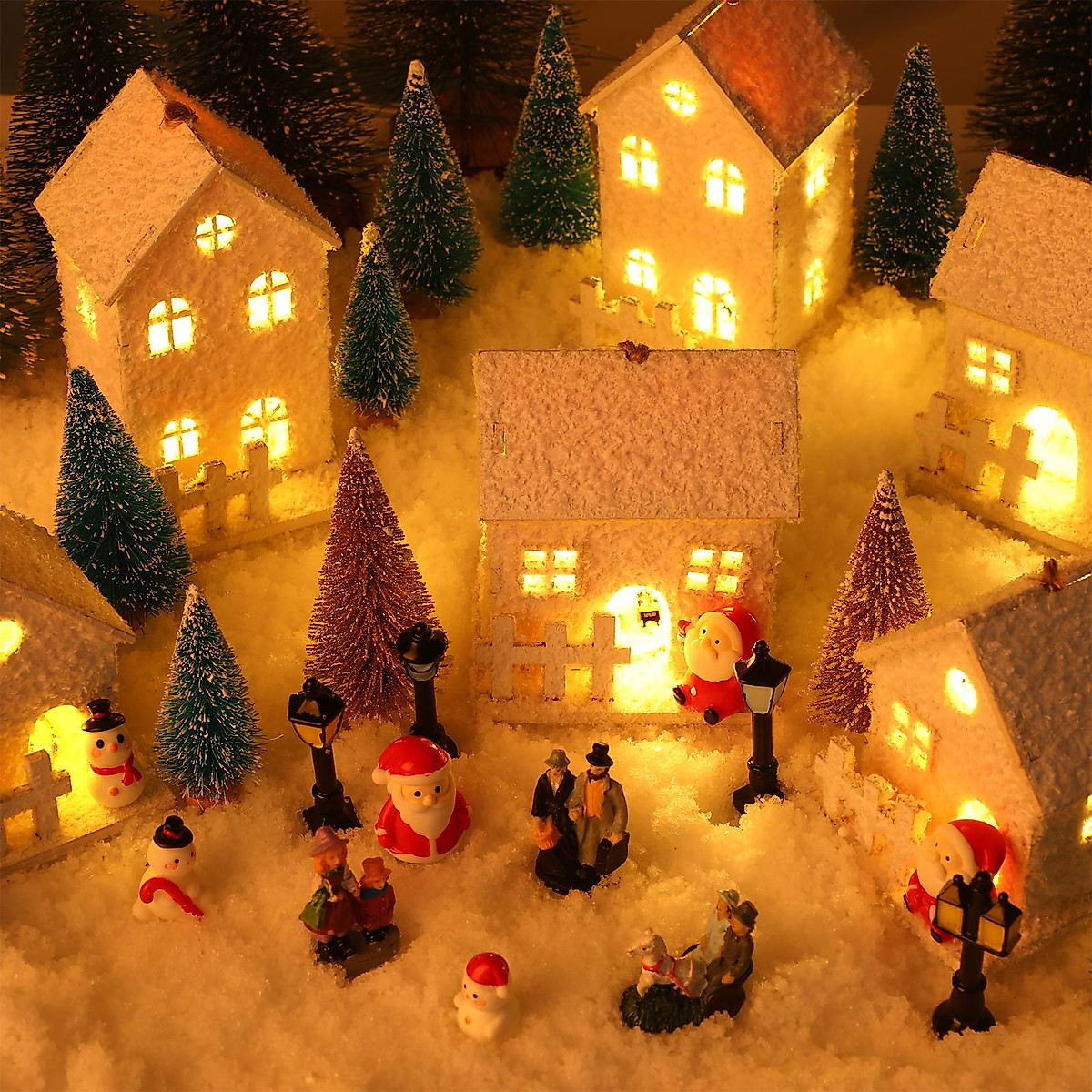 Liliful 36 Pcs Christmas Village Sets White Christmas Village Lighted LED Christmas Village Houses with Figurines Xmas Trees People Villager Snowman Elk Lamp Xmas Scene Figurines Decoration