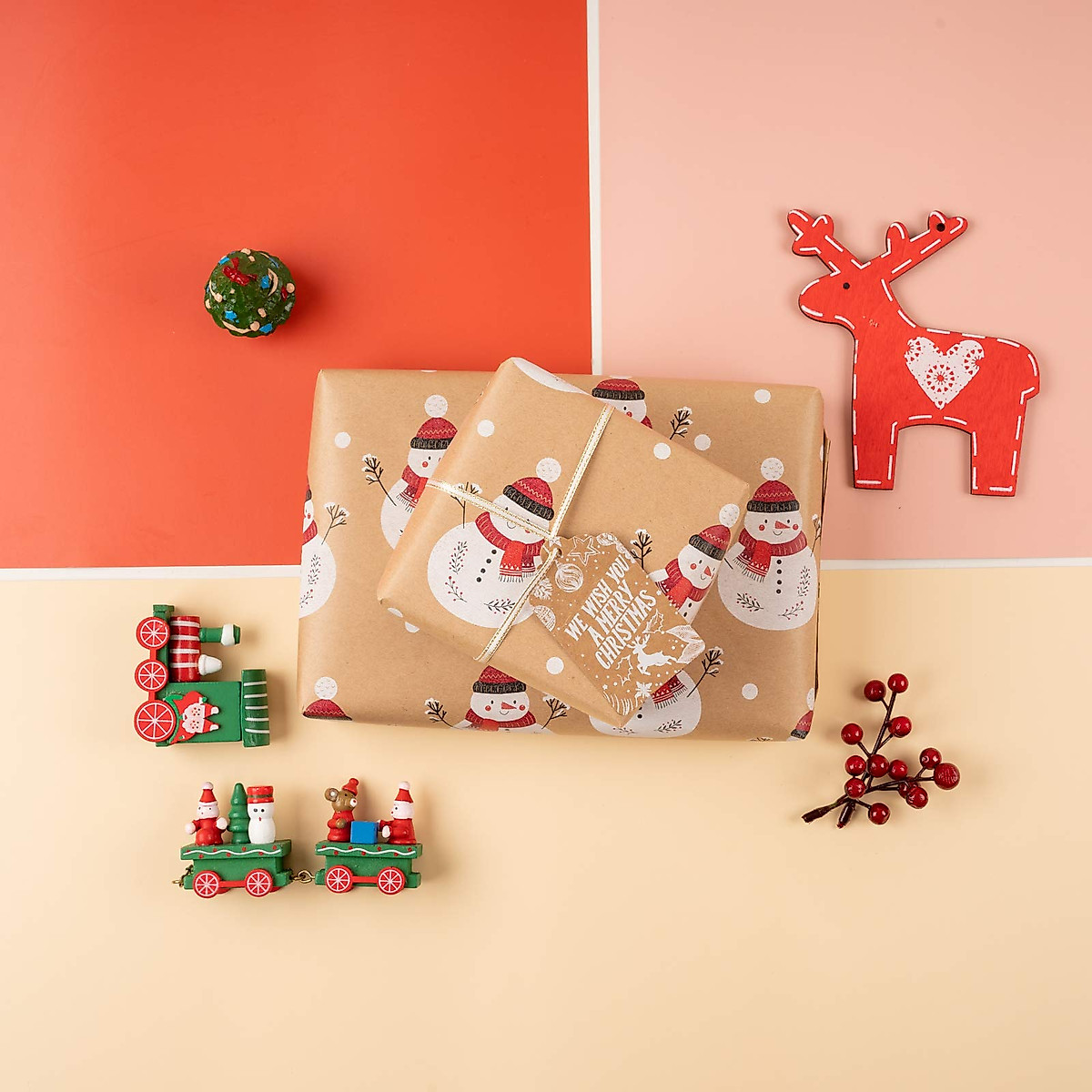 RUSPEPA Christmas Wrapping Paper, Kraft Paper - Christmas Design with Snowman - 24 inches x 100 feet, Jumbo Roll