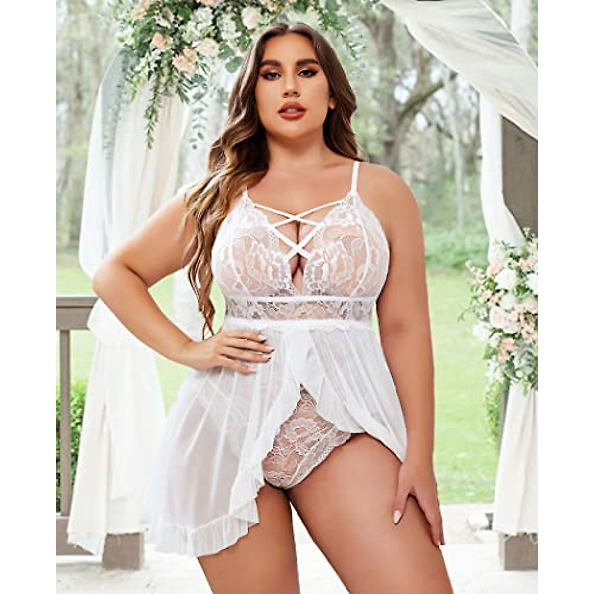 Avidlove Plus Size Lingerie Women Lace Mesh Babydoll Sexy Chemise Curvy Women V Neck Ruffle Nighty(White,XXL)