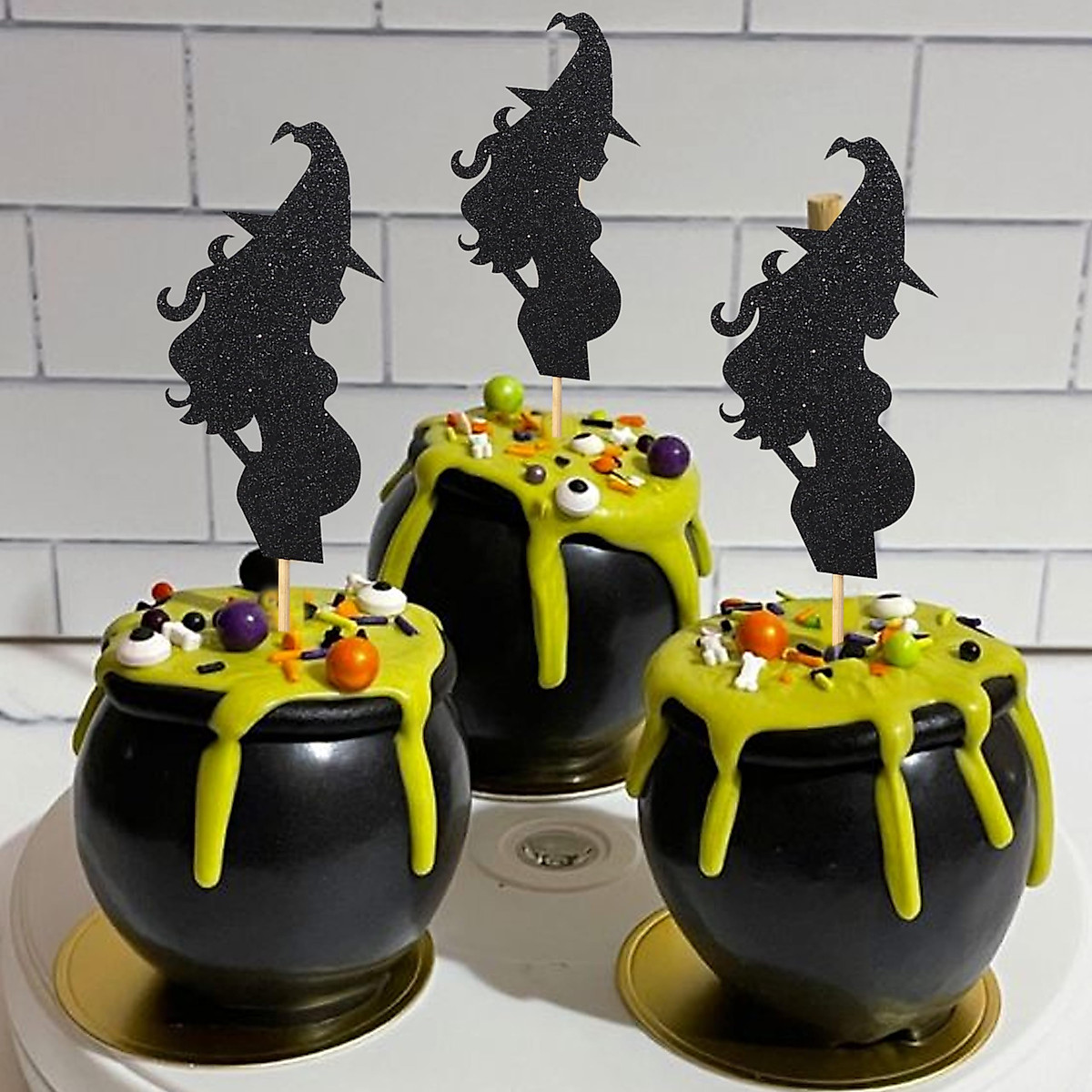 12pcs Halloween Witch Baby Shower Cupcake Toppers - Cauldron Witch Gender Reveal Party Decorations, Halloween Boy or Girl Cupcake Toppers