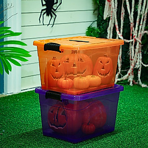 Sweetude 8 Pcs Halloween Plastic Storage Bin with Lids Purple Orange Clear Plastic Storage Totes Container 53 Qt Stackable Nestable Holiday Storage Box with Wheels and Latching Handles
