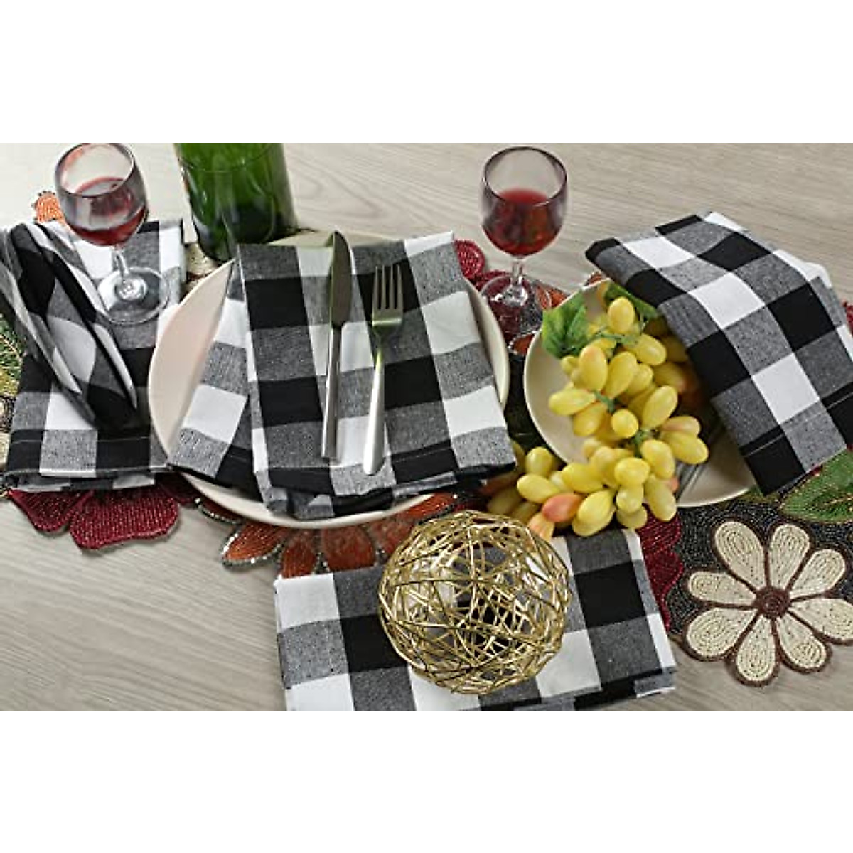 Cloth Dinner Napkins, Cloth Napkins Set of 4 Hemmed, Check Napkins, Napkin Cloth Washable, Buffalo Check Napkins Cloth Washable, Fall Cloth Napkins, Napkins Mitered Corner - 18x18 Inch - Black White