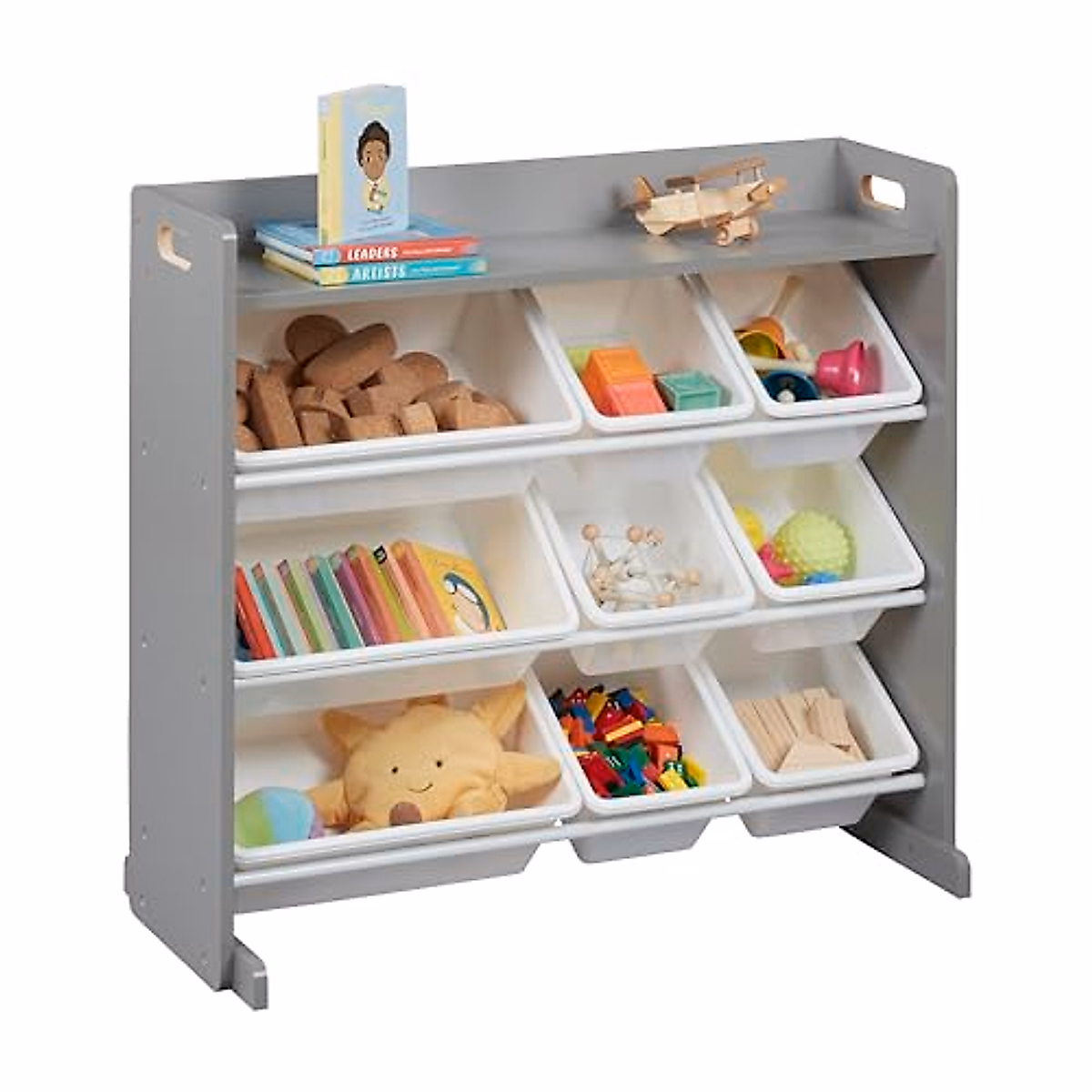 ECR4Kids 3-Tier Organizer with Shelf and 9 Bins, Toy Storage, Grey/White
