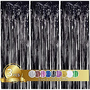 3Pcs Black Metallic Tinsel Foil Fringe Curtains, 3.28ft x 6.56ft Black Photo Booth Backdrop Streamer Curtain,Photo Booth Props,Ideal Bachelorette Party,Birthday, Halloween,Christmas, New Year Decor