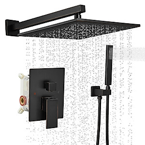 BWE Shower Faucet Oil Rubbed Bronze 12 Inch Square Bathroom Luxury Rain Mixer Shower Combo Set 2-Functions Wall Mounted Rainfall Shower Head System Rough-in Valve Body and Trim Included