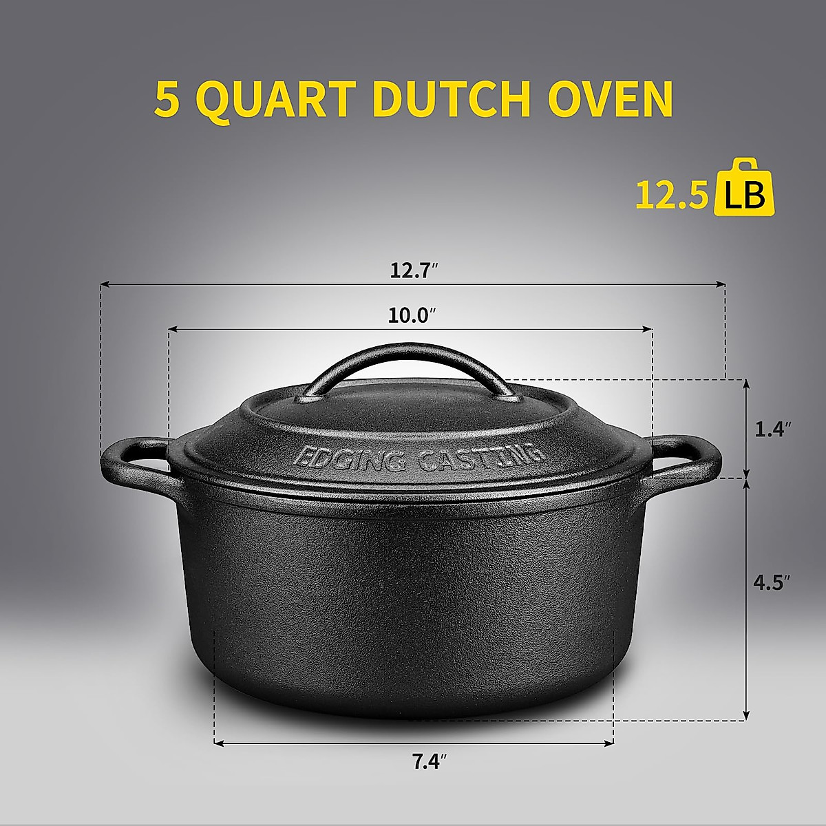 EDGING CASTING Pre-Seasoned Cast Iron Dutch Oven Pot with Lid Dual Handle, Round 5 Quart, Black