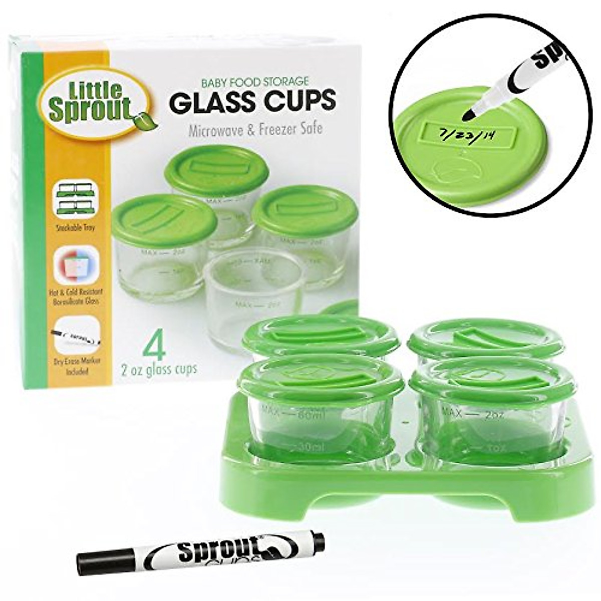 Glass Baby Food Storage Containers w Write What You Want Lids (4 Pk)- 2oz Jars with Storage Tray & Dry-Erase Marker- Microwave, Freezer, & Dishwasher Safe- For Homemade Babyfood, Breast Milk- BPA Free