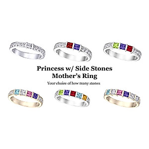 Central Diamond Center Princess with side CZs Mothers rings 1 to 6 Simulated Birthstones - Sterling Silver - Size 7