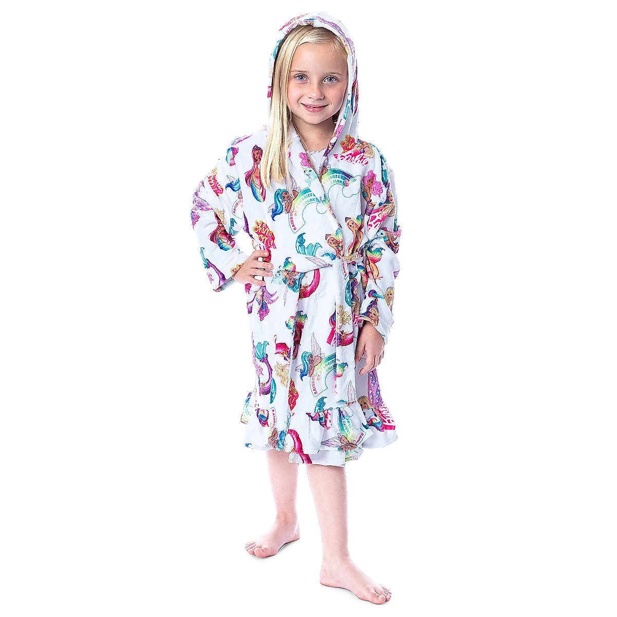 INTIMO Mattel Girls' Barbie Fantasy Mermaid Fairy Rainbow Ruffled Bathrobe Robe (7/8)