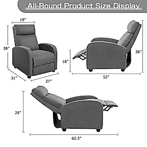 Rankok Recliner Chair Ergonomic Adjustable Single Fabric Sofa with Thicker Seat Cushion Modern Home Theater Seating for Living Room (Light Gray)