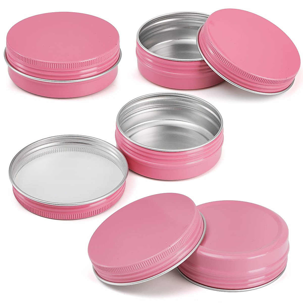 Foraineam 48 Pack 2 oz Screw Top Round Tin Cans with White Labels, Pink Aluminum Cosmetic Sample Containers, Metal Empty Tins Travel Storage Tin Jars for Lip Balm, Salve, Spice, Candy or Crafts